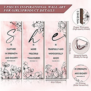 Qunclay 3 Pcs Pink Flower Inspirational Wall Decor Art Gift Wooden Motivational Hanging Christian Quotes Floral Decor for Women Girl Living Room Gift (11.81 x 3.94 x 0.2 Inch,Pink)