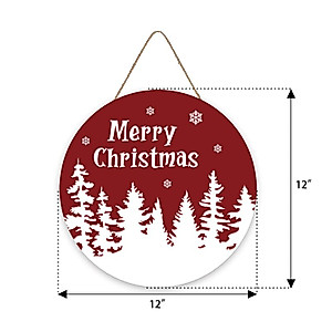 Merry Christmas Wooden Hanging Sign Plaque Christmas Forest Xmas Tree Decor for Holiday Farmhouse Front Door Porch Wall Window Outside Decorations 12x12 Inch