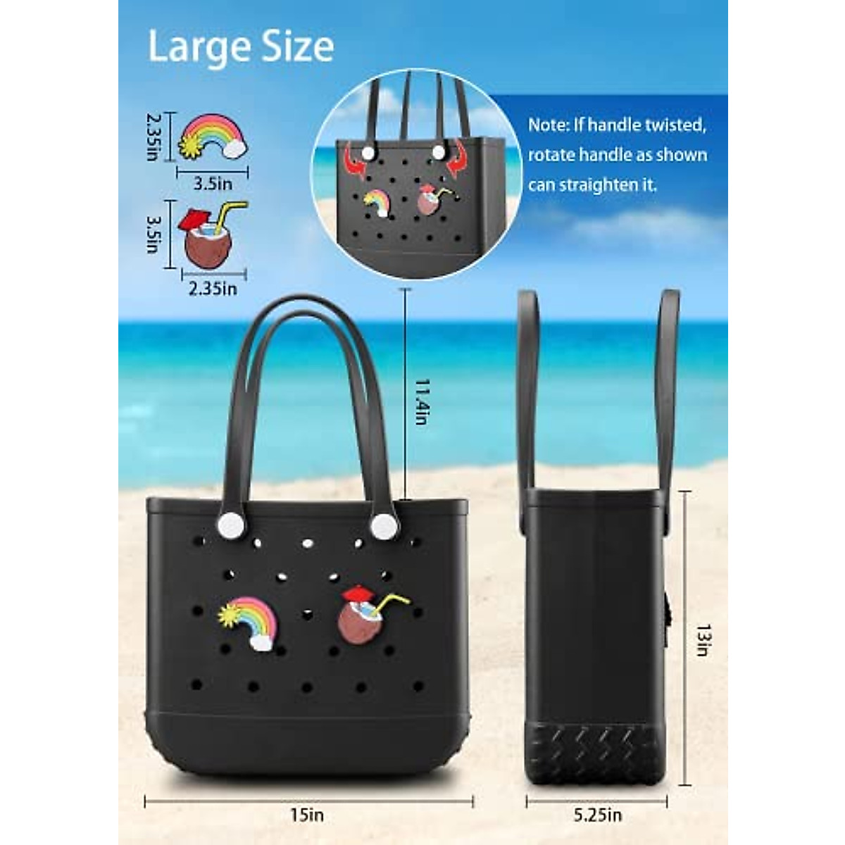 Beach Bag Rubber Tote Bag Waterproof Travel Bags for Women Washable Tote Bag Handbag for Sports Beach Market Pool (Large, Black)