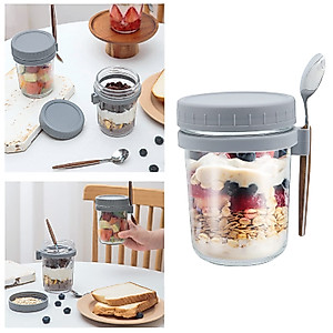 GENCAM Overnight Oats Container with Lid and Spoon, 12 Oz Glass Airtight Oatmeal Container, 2 Pack Mason Jars with Lid for Cereal Salad Jam Breakfast To Go Containers