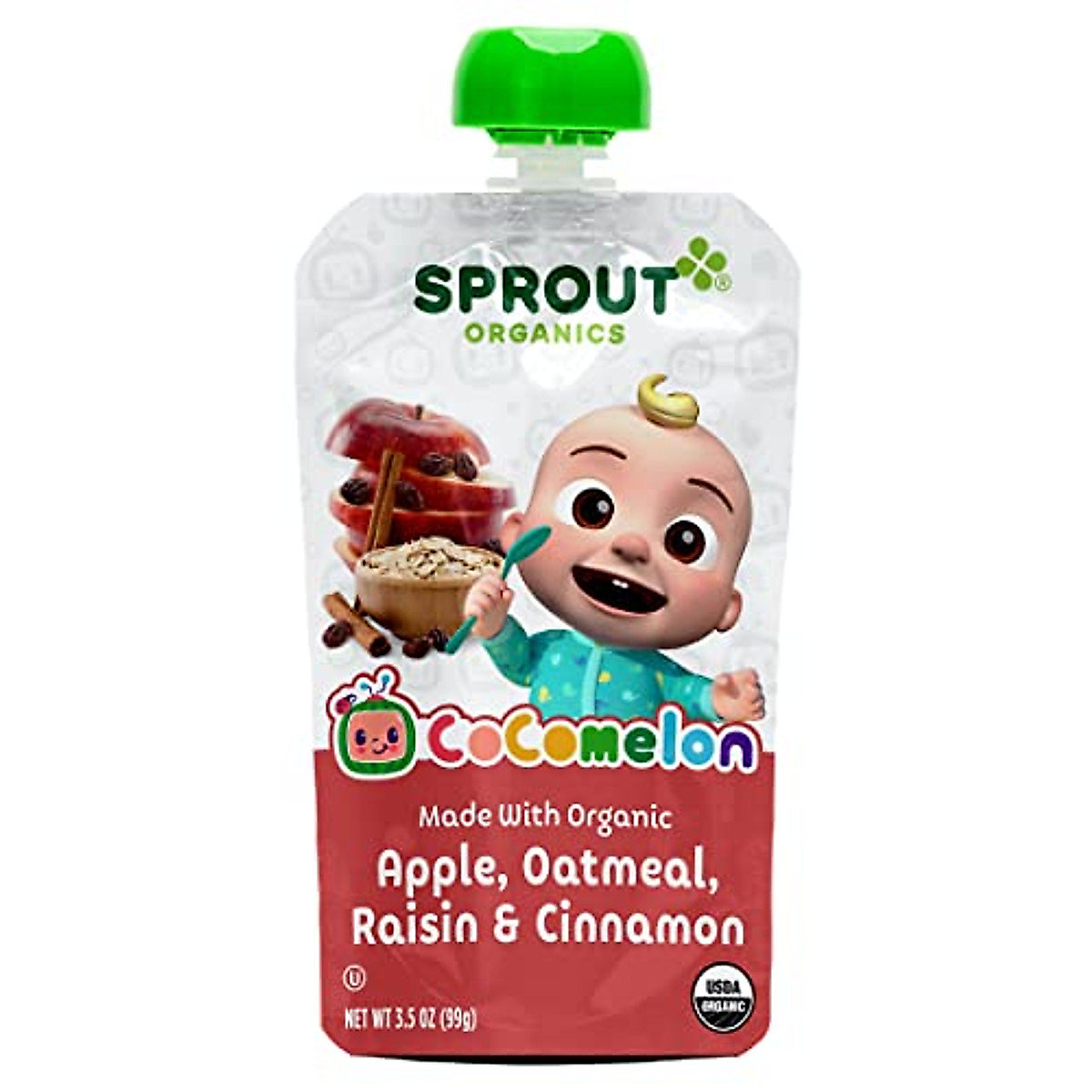 CoComelon Sprout Organic Baby Food Pouches, Apple Oatmeal Raisin with Cinnamon, 3.5 Oz Purees (Pack of 12)
