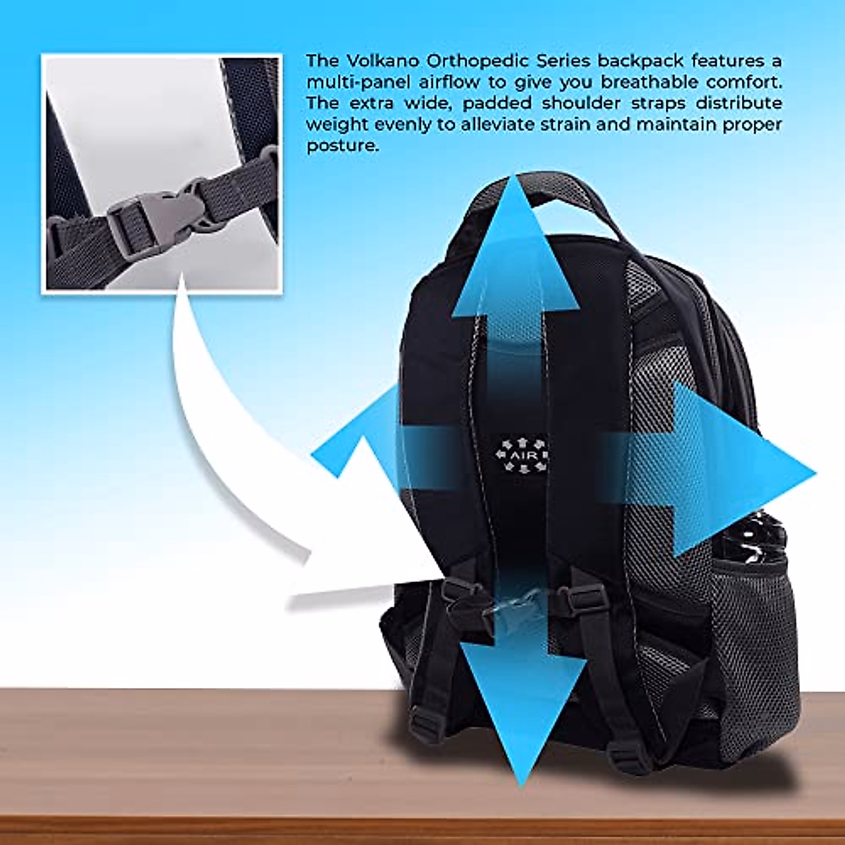 Volkano Orthopedic Series Airflow Ventilation Laptop Backpack with Padded Back, Ergonomic Backpack With Laptop Compartment 15.6" Sleeve, Sturdy Travel Backpack, for Work or School, Navy/Gray