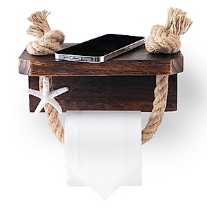 Perfeso.L Wooden Toilet Paper Holder Farmhouse Bathroom Decor–Rustic Nautical Rope Towel Ring–Wall Mount Toilet Paper Roll Storage with Shelf Vintage Bathroom Accessory Tissue Holder–Black Brown Wood
