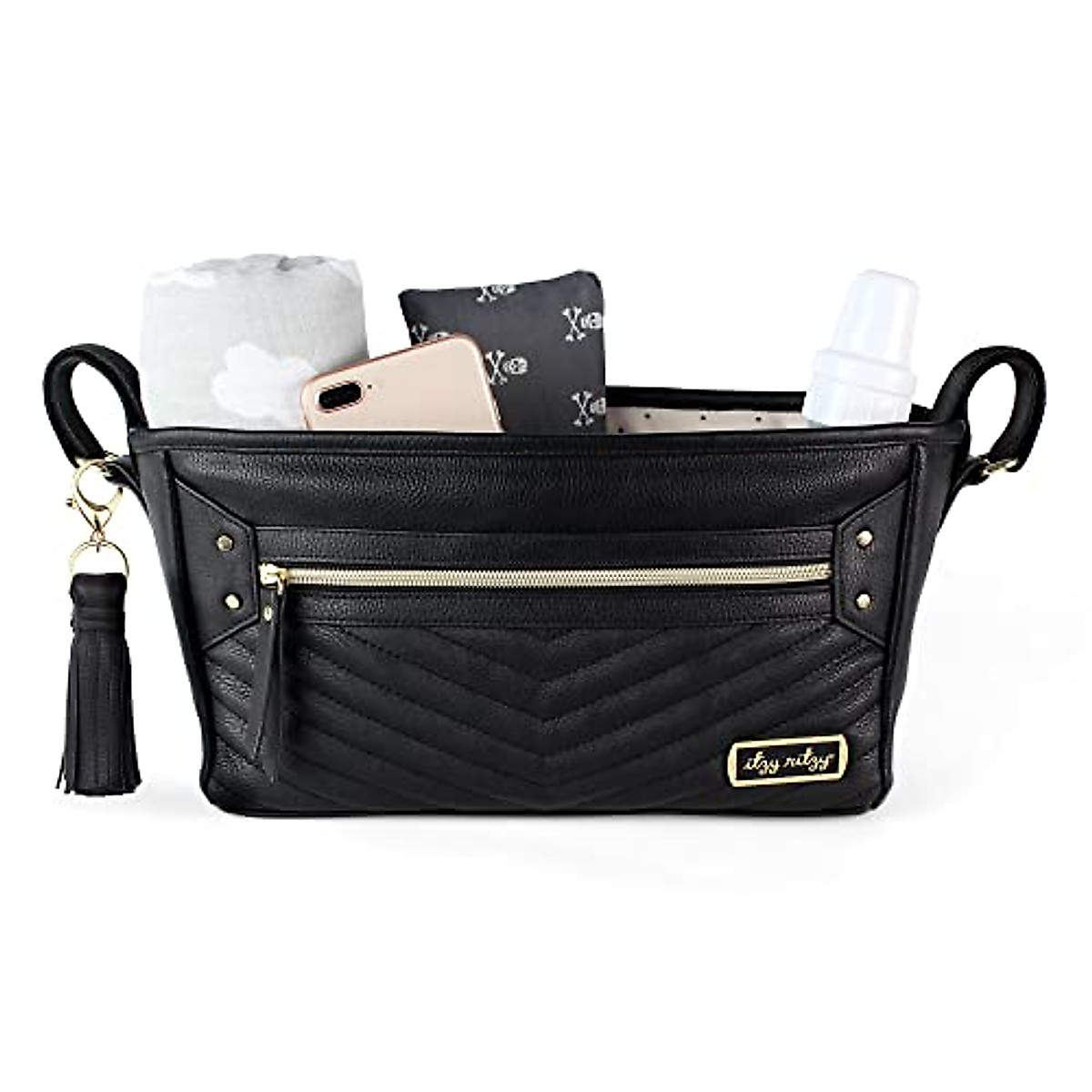 Itzy Ritzy Adjustable Stroller Caddy with Tassel – Stroller Organizer Featuring Two Built-in Pockets, Front Zippered Pocket and Adjustable Straps to Fit Nearly Any Stroller, Jetsetter with Tassel