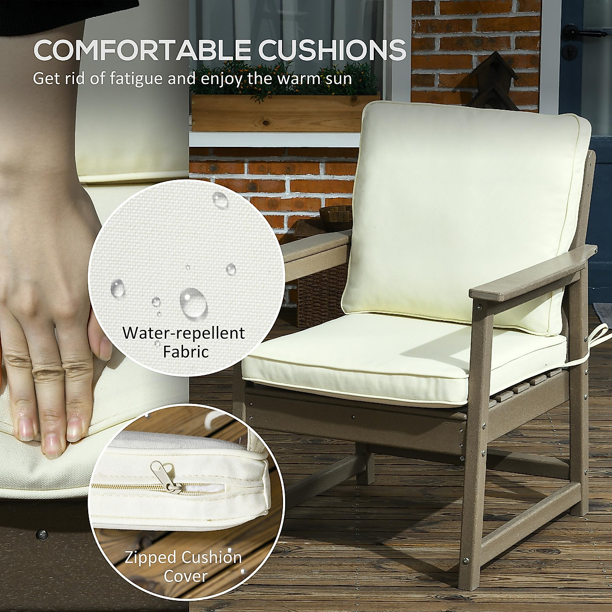 Outsunny 4 Piece Patio Furniture Set with Cushions, HDPE Conversation Sofa Set with Two Chairs, Loveseat, and Slatted Top Coffee Table, Cream White