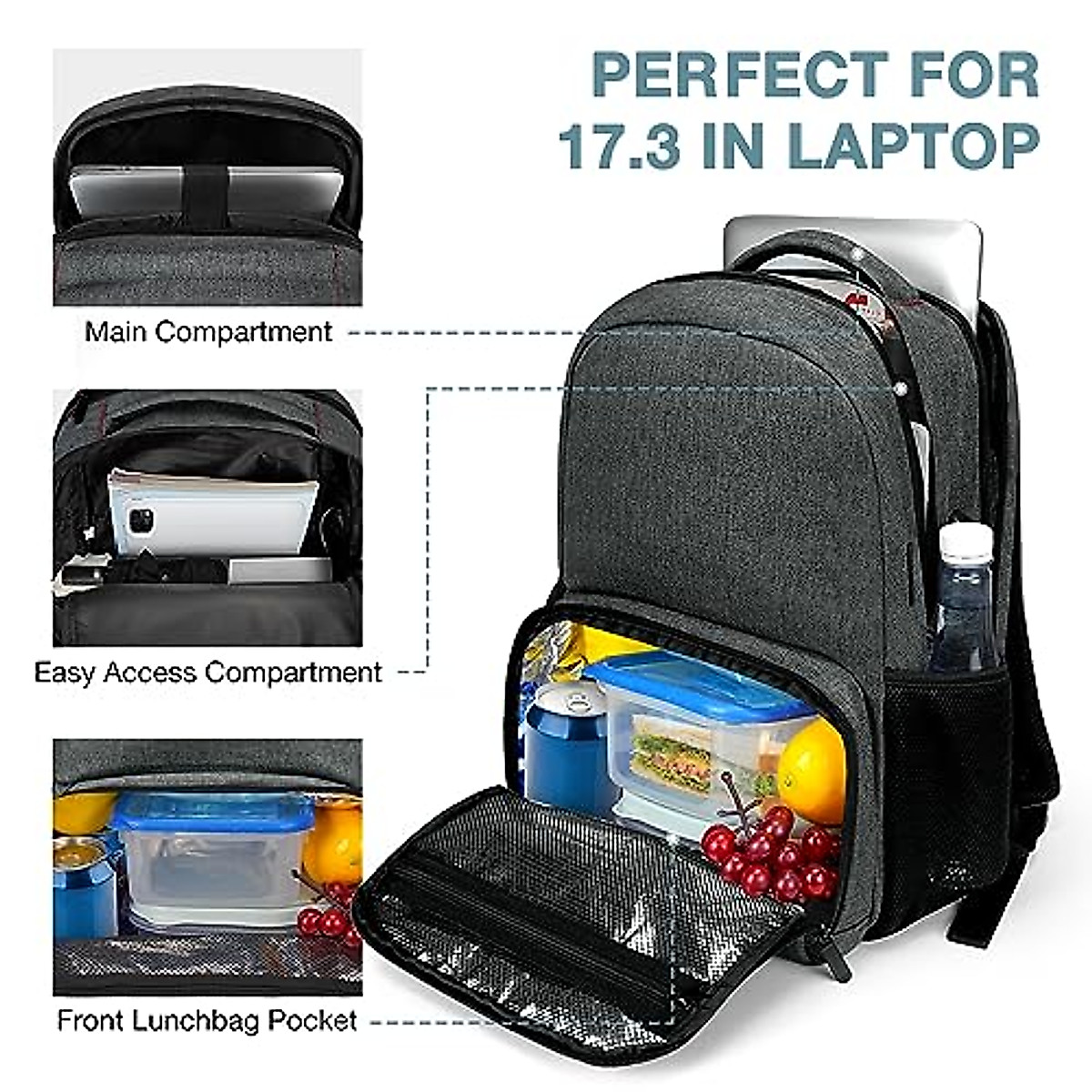 Ocraho Lunch Bag Backpack Insulated Cooler Lunch Box Backpack,Travel Laptop Backpack with USB Port for Women Men Fits 15.6 Inch Laptop （Gray-2）