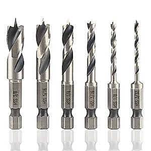 Yakamoz 6Pcs 1/4 Inch Quich Change Hex Shank Stubby Drill Bit Set for Wood Stubby Brad Point Short Drill Bits Imperial