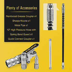 AZUNO Pistol Grip Grease Gun, 6500 PSI Heavy Duty Grease Guns with Flex Hose, Metal Extension, Professional Coupler and Sharp Nozzle