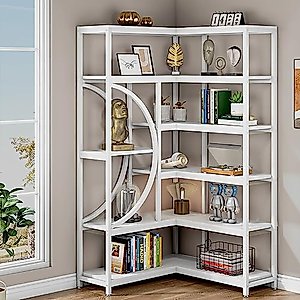 TIYASE 6-Shelf Corner Bookshelf Modern 6-Tier Corner Etagere Bookcases, Large Corner Shelf L-Shaped Book Shelves Display Storage Rack with Metal Frame for Living Room Home Office, White