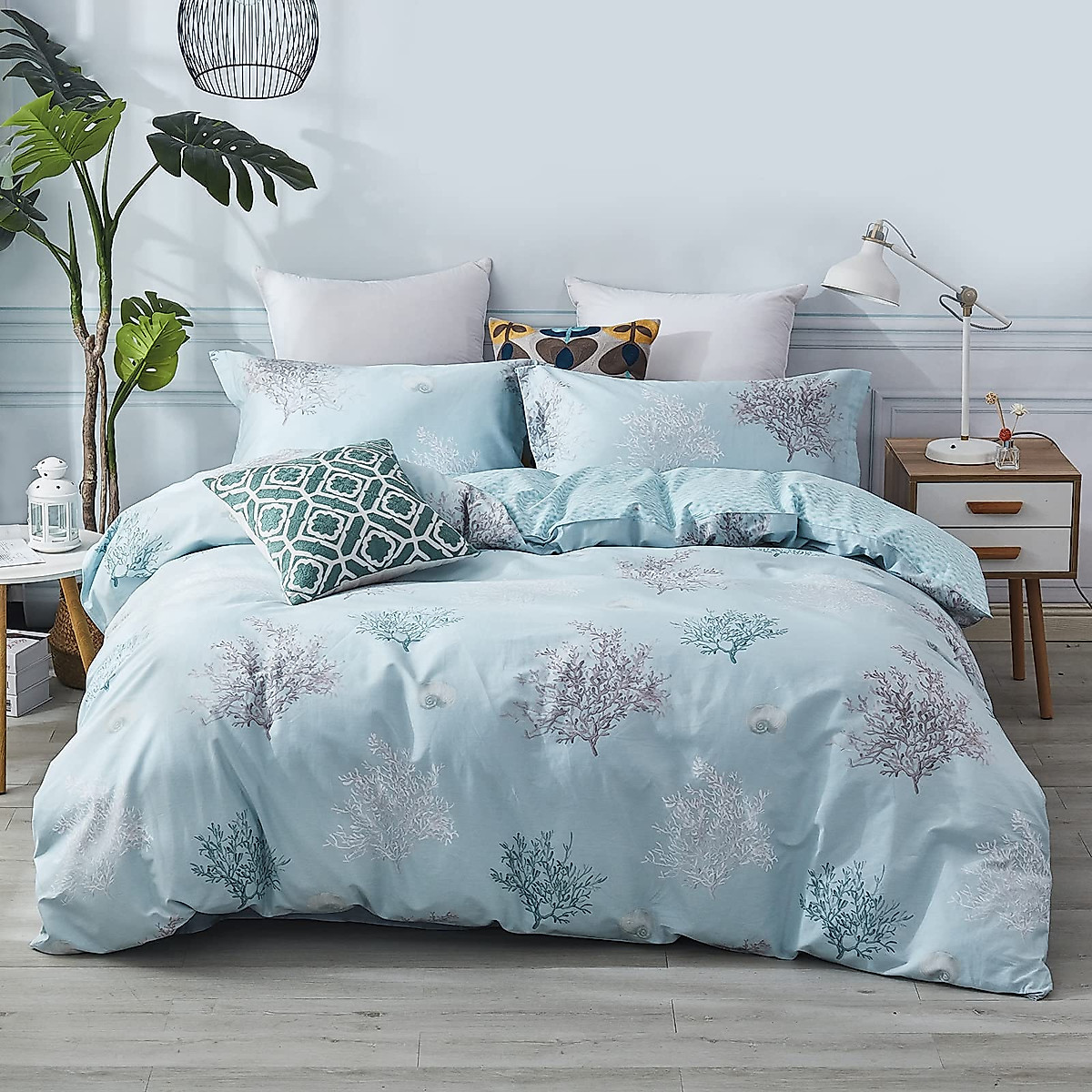 Brandream Coastal Beach Bedding Set Queen Size 100% Cotton Duvet Cover Set Tropical Coral Seashells Bedroom Set 3-Piece (No Comforter)