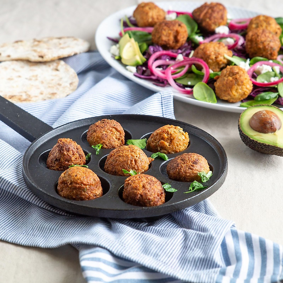 WUWEOT Cast Iron Aebleskiver Pan, 2" Poffertjes Danish Pancake Balls Griddle, 7 Hole NonStick Ebelskiver Pan, Half Sphere Takoyaki Maker with Turn Sticks and Brush for Baking Cooking