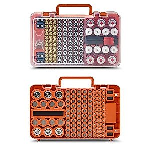 Battery Organizer Storage Case with Tester Checker. Batteries Holder Box Container for 120+ AA AAA 9V C D Lithium CR2025 CR1632 CR2032 Coin Cell Battery with Wall-Mounted Design -Orange