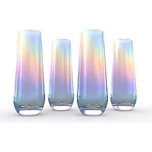 Iridescent Luster Pearl Radiance Set of 4 Champagne Glasses 10oz Each - Radiance White Pearl Whimsy and Nostalgia Large Wine Glass, Colored Wine Glasses, Iridescent Wine Glasses, Rainbow Glasses