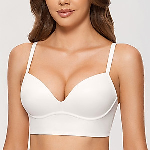 DOBREVA Women's Push Up Wireless Bra Padded T Shirt Bras No Underwire Plunge Bralette White 38D
