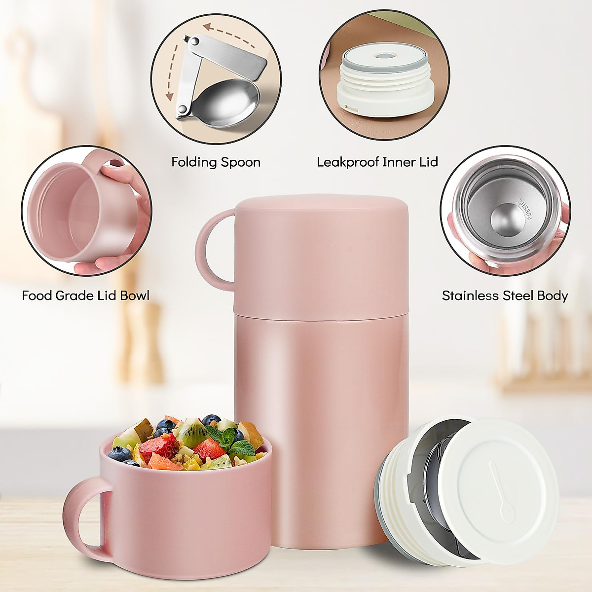 Baokai Insulated Food Jar 18 oz, Leak Proof Soup Thermos for Kids Adults, Stainless Steel Thermal Lunch Container for Hot Food with Folding Spoon for School Office Camping Picnic Travel - Pink