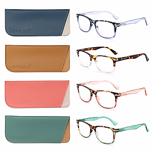 Loycco 4 Pack Computer Reading Glasses Real Blue Coating Lens Anti Blue Light Blocking Anti Eyestrain Flexible Lightweight Square Readers for Women Men With Leather Case
