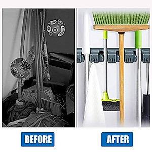 Mayjooy Wall-Mounted Mop Broom Holder, Home Storage Organizer Rack w/5 Positions & 6 Hooks, Hanging Tools Organizer for Garage/Laundry/Home/Kitchen, Utility Storage Rack, Grey