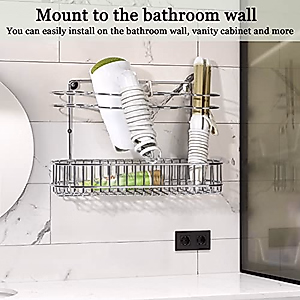 FANGSUN Wall Mount Hair Tool Organizer Holder, Adhesive Blow Dryer Rack, Hair Dryer & Curling Iron Holder, Metal Wire Bathroom Cabinet Storage Basket for Hot Tools, Straightener, Chrome, Silver