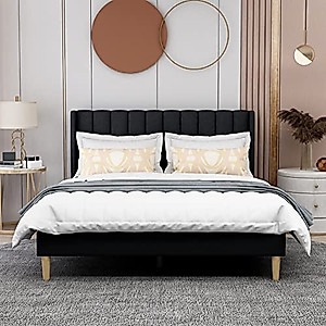 AGARTT Upholstered Platform Bed Frame Queen Size with Headboard and Footboard/Wooden Slats Support/No Box Spring Needed/Easy Assembly,Black Linen