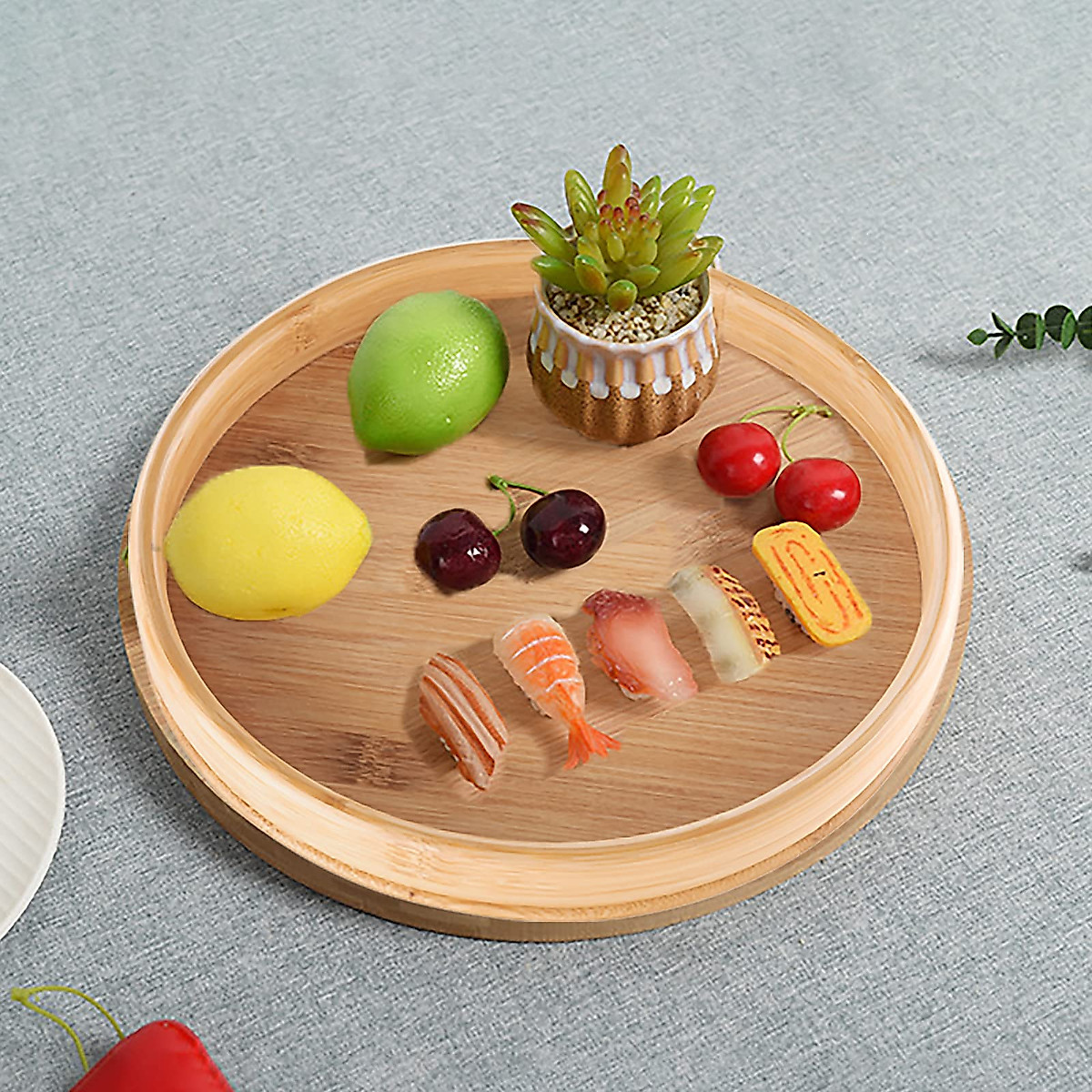 Round Bamboo Serving Tray Without Handles Wooden Breakfast Tray, Large Decorative Food Tray for Ottoman, Coffee Table, Breakfast, Drinks 12 Inches