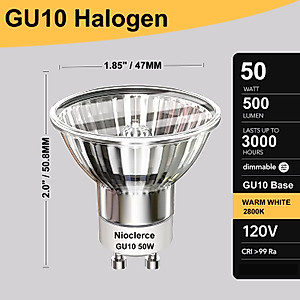 Nioclerce GU10+C 120V 50W Bulb - MR16 GU10 Base Bulbs Warm White GU10 Halogen 50W Bulbs, GU10 Dimmable Bulb High Output 500LM, Long Lasting 50 Watt GU10 Bulbs for Candle Warmer, Track Lighting
