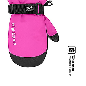 HIGHCAMP Kids Ski Mittens Waterproof Winter Snow Gloves with Zipper and String on Long Cuff for Toddler Boys Girls -Rosa,M (6-8 Y)
