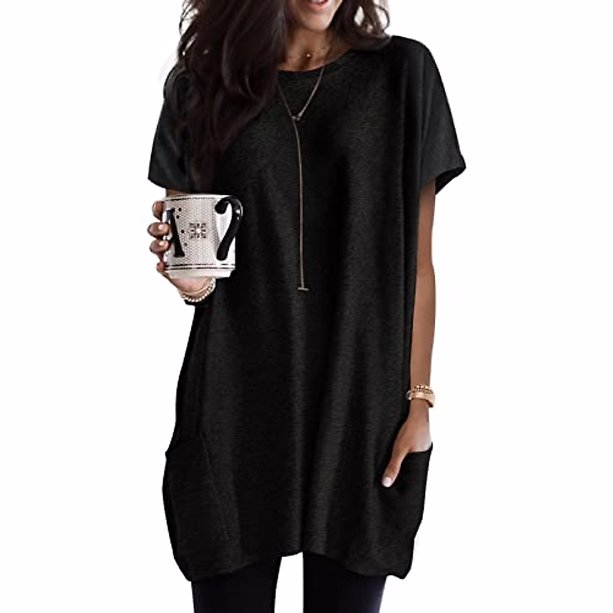 Dokotoo Women's Casual Crewneck T-Shirt - Loose Fit, Short Sleeve, Long Tunic Top with Pockets, Black (XL)