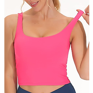 THE GYM PEOPLE Women's Square Neck Longline Sports Bra Workout Removable Padded Yoga Crop Tank Tops Bright Pink