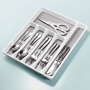 Joequality Silverware Organizer with Icons，Plastic Cutlery silverware Tray for Drawer，Utensil Tableware Flatware Organizer for Kitchen with Non-slip TPR,Fits Oversized Drawer,6-Compartment，Grey