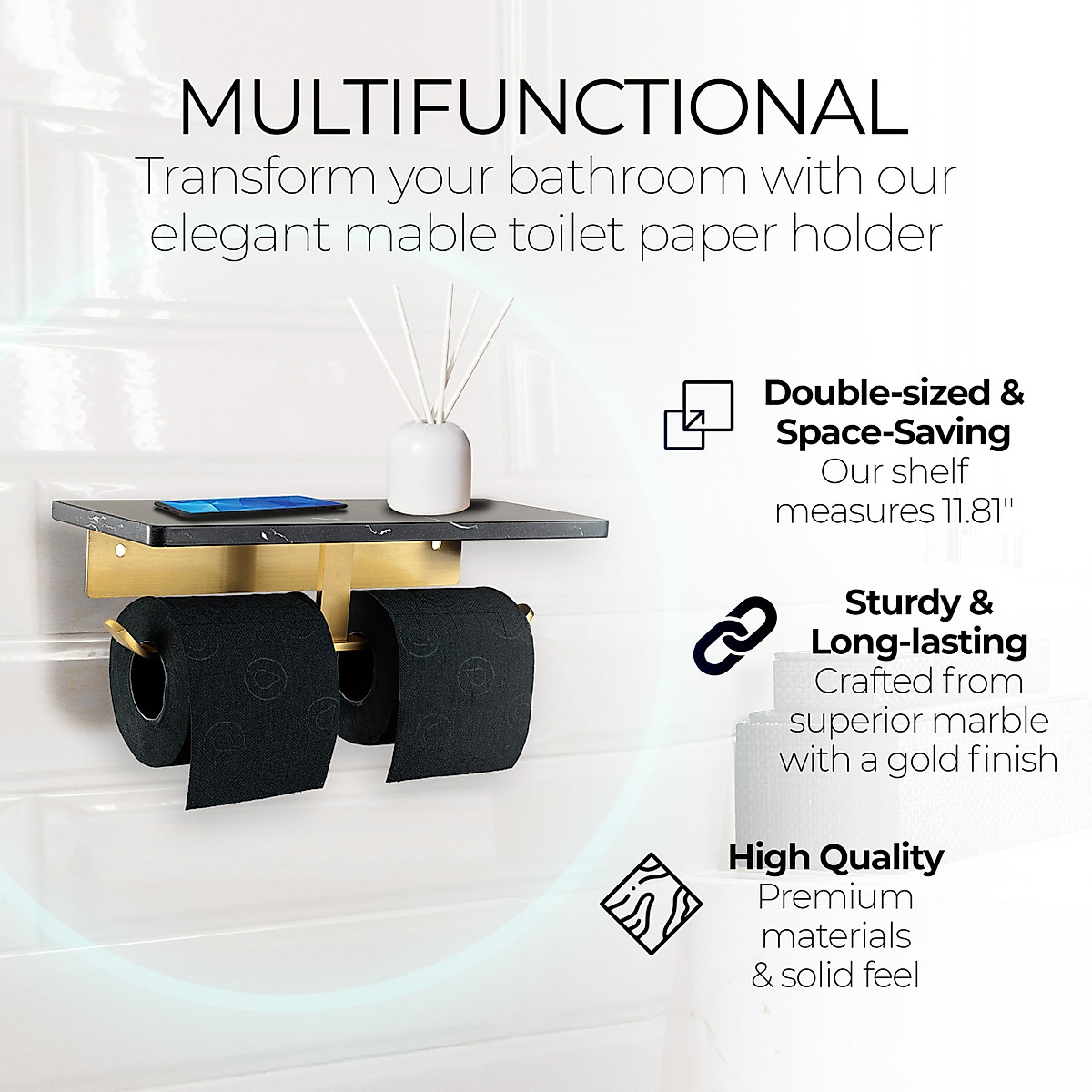Toilet Paper Holder with Shelf (Natural Black Marble & Gold) - Wall Mounted Toilet Paper Storage, Easy to Install
