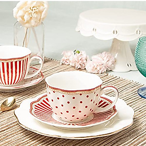 Grace Teaware Red Dot Stripes Scallop 9-Ounce Porcelain Tea/Coffee Cup and Saucer, Set of 2 (G1960264RD-2)