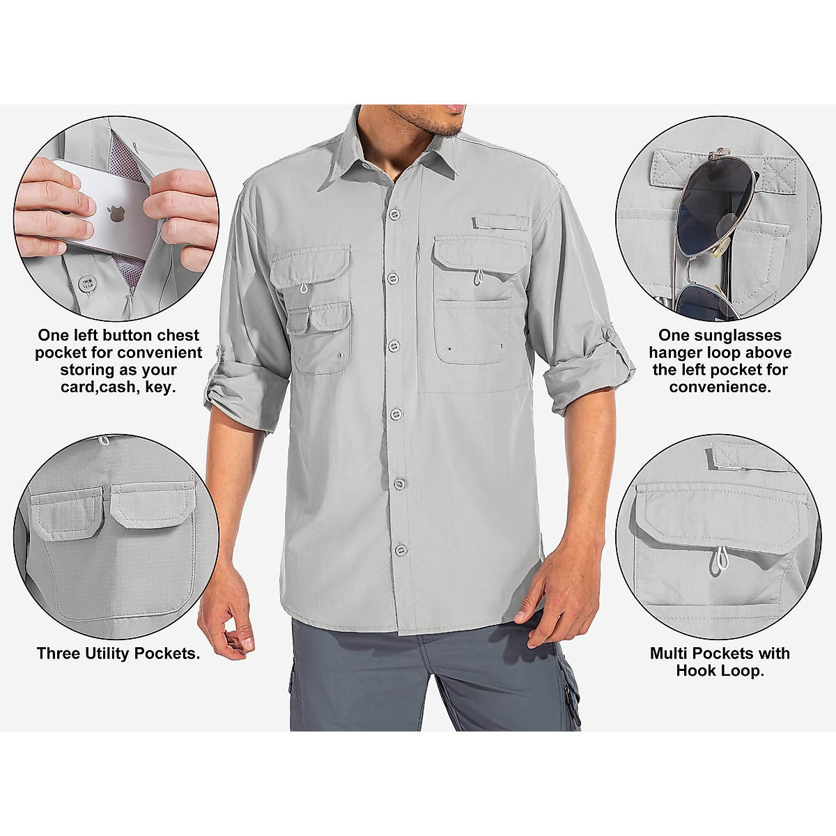 linlon Mens Safari Shirts Long Sleeve UV Protection Hiking Fishing UPF 50+ Quick Dry Cooling Camping Travel Shirts#5066-Light Grey-2XL