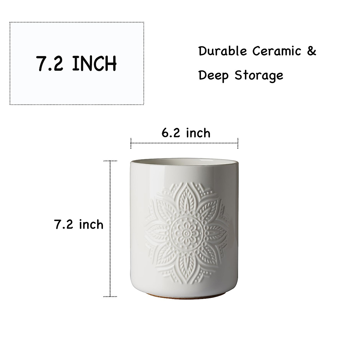 MIKIGEY Kitchen Utensil Holder, 7.2” Large Ceramic Cooking Utensil Holder with Cork Mat for Countertop, Utensil Crock for Farmhouse Kitchen Decor, Ceramic Stable Utensil Caddy, White