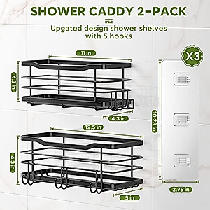Adhesive Shower Caddy Bathroom Organizer, High Guardrail Shower Shelf for Inside Shower with 5 Hooks, No Drilling Shower Organizer Rustproof Stainless Steel Wall Mounted Shower Shelve - 2 Pack