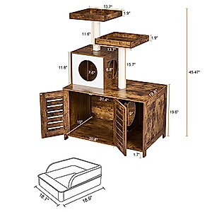 BEWISHOME Cat Litter Box Enclosure Hidden Litter Box Furniture with Cat Tree Tower, Cat Washroom Furniture, with Front Entry, Modern Wooden Cat House for Indoor Rustic Brown CMW02F