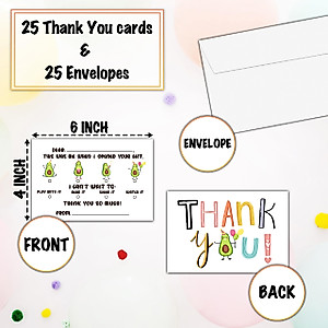 KFNER Kids Thank You Cards, Avocado Themed Fill In The Blank Thank You Card, Guacamole Thank You Notes for Boys Girls, Birthday Party Favors Supplies (25 Set of Cards with Envelopes) - A03
