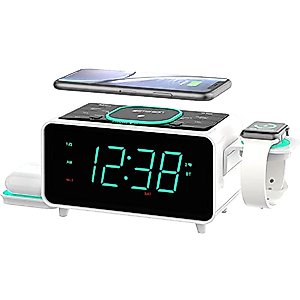 Emerson Radio Smartset Alarm Clock FM Radio with Wireless Charging, Bluetooth Speaker, Fast Charging for Airpods/iPhone, Foldable Stand, USB Charger, Adjustable LED Glow, ER100501, Black/Neon