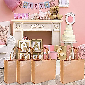 PHOGARY 12 Large Gift Bags with Handles, Stylish Tote Bags for Birthday Wedding Party Favor Christmas Present Wrap, Reusable Glossy Grocery Bags, non-woven fabric (Rose Gold)