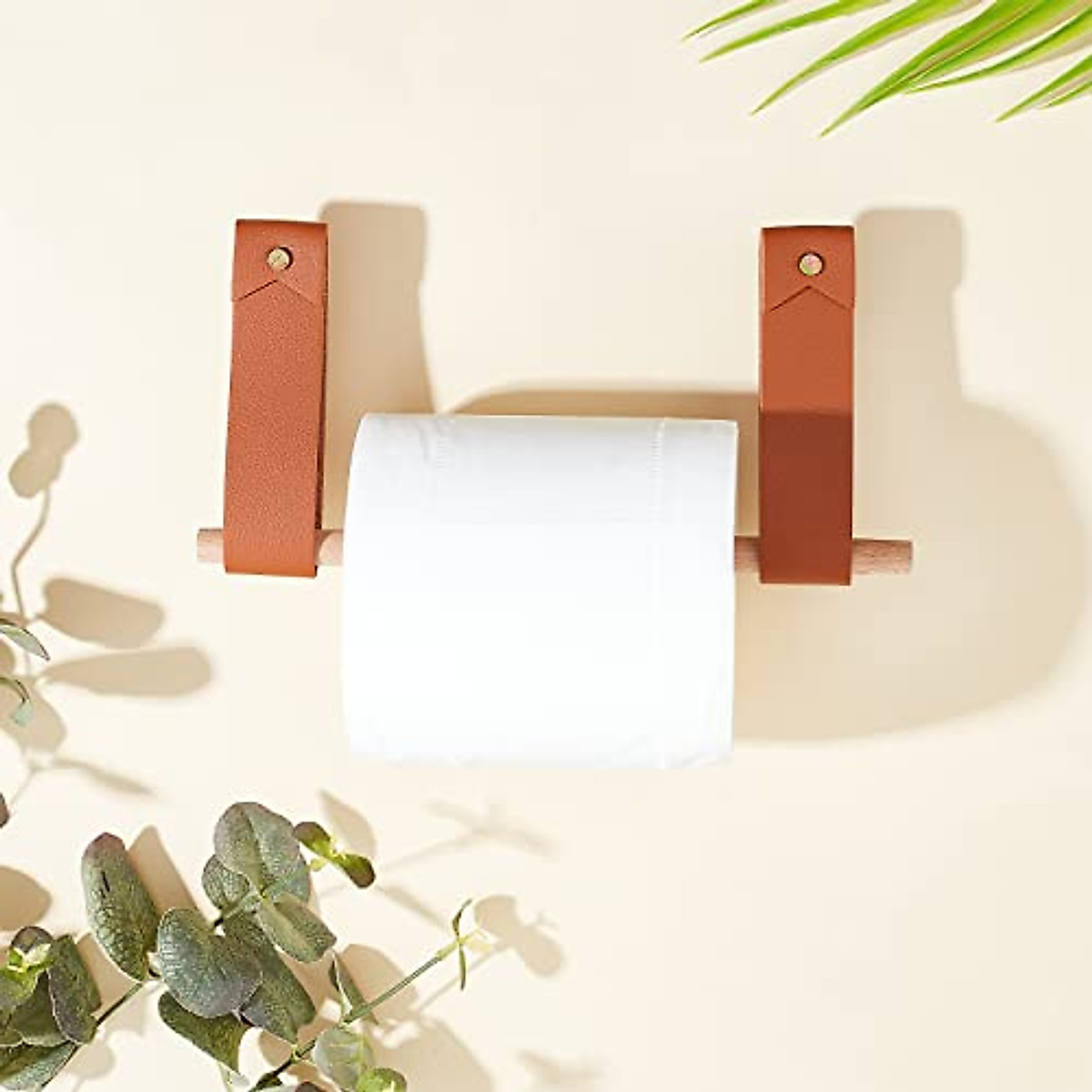 AHANDMAKER Leather Wall Hooks Kit, 2 Pcs Leather Straps Hanger Towel Hook with Wooden Dowel Rail & Screws Wall Mounted Hanging Strap Holder for Bathroom Bedroom Kitchen Handles Nordic Boho Decor