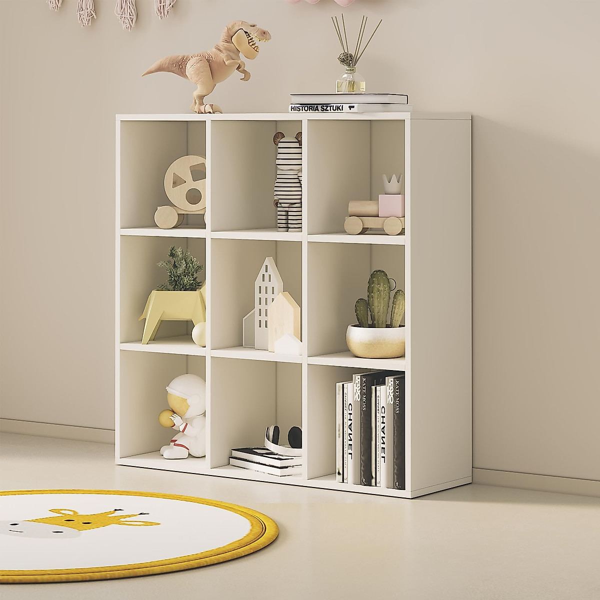 Wood Cube Storage Organizer Closet Cabinet for Living Room Bedroom Study Shelf Bookcase Wooden Floor Standing Open Bookshelf for Kids Home Office Display Storage Cabinet (White, 9-Cube, 11.81in)