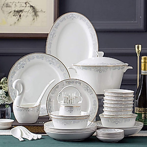 Stylish Dinner Plates,Ceramics Dinnerware Set, Cereals Bowl & Dish & Soup Pot | 58 Pieces Bone China Dinner Sets for Wedding Gifts - Elegant Porcelain Combination Set