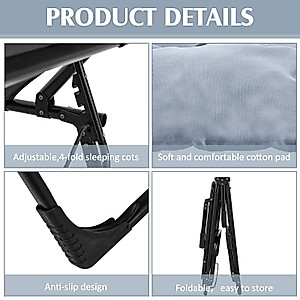 4 Position Reclining Chaise Lounge Chair with Mattress and Pillow for Outside, Folding Camping Cot for Adults, Portable Foldable Sleeping Bed Lounger Outdoor for Patio Yard Lawn Beach Pool Sun Tanning