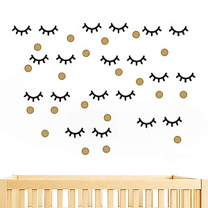 JUEKUI Wall Decor Sticker 96pcs Lovely Sleepy Eye Eyelashes with 100pcs Pink Dots Vinyl Deccal for Kids Bedroom Makeup Art WS22 (Black+Gold)