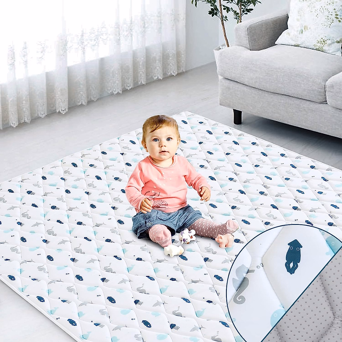 Premium Foam Baby Play Mat 50" X 50", Play Mat for Babies and Toddlers, Baby Floor Play Mat Non Slip Cushioned, Kids Play Mat for Playpen, Thick One-Piece Crawling Mat, Easy Clean, Whale