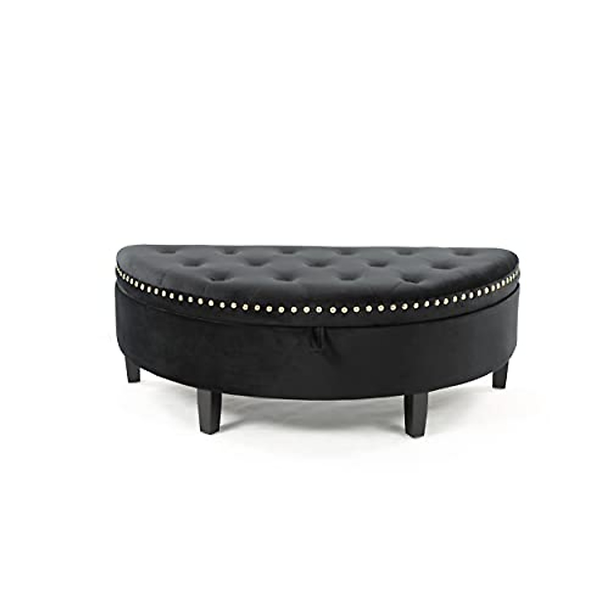 Iconic Home Jacqueline Half Moon Storage Ottoman Button Tufted Velvet Upholstered Gold Nailhead Trim Espresso Finished Wood Legs Bench Modern Transitional Black