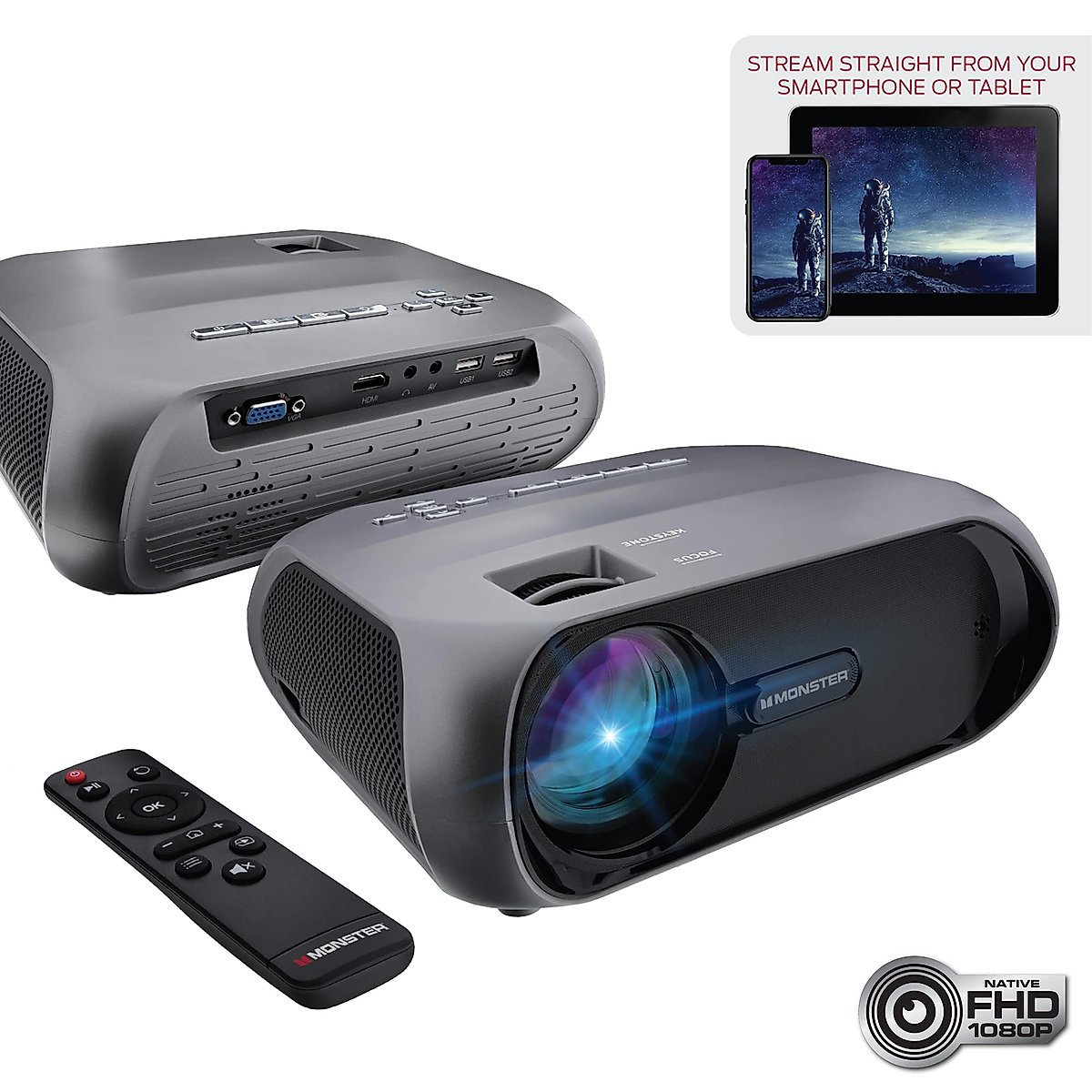Monster Vision 1080P Image Stream Projector and 120” Portable Screen, 2500 Lumens, Universal Video/Audio/Photo Format Support, Wireless Device Mirroring, Stream Videos/Photos from Android/iOS Devices