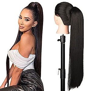 24 Inch (Can Be 26 Inch) Straight Hair Ponytail 2 Clips in Ponytail Hair Extensions Straight Hair Drawstring Ponytail For Ladies 125g/Piece Synthetic Hairpiece Ponytail Smooth &Soft Natural Black(1B)
