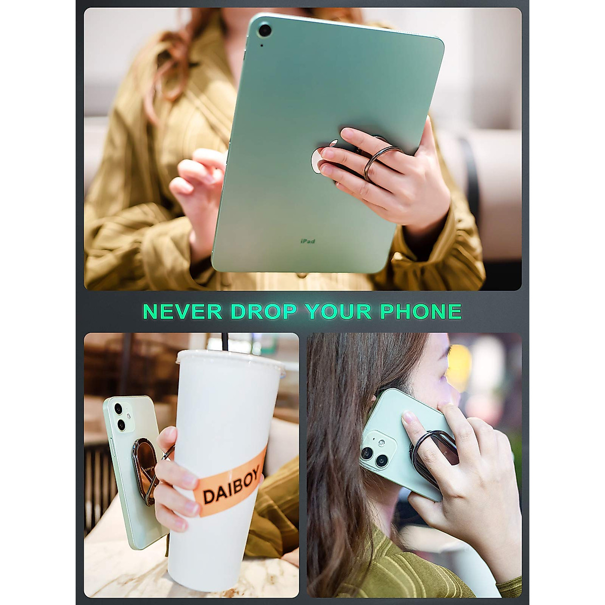 Phone Ring Holder Finger Kickstand 360°Rotation Cellphone Back Grip Foldable Cell Phone Stand for Desk Compatible with iPhone iPad Smartphones Tablets (with Universal Magnetic Car Mount)