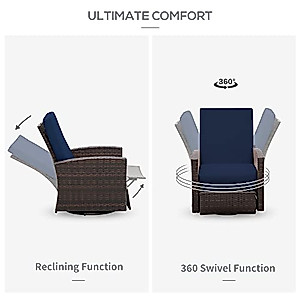 Outsunny Outdoor Wicker Swivel Recliner Chair, Reclining Backrest, Lifting Footrest, 360° Rotating Basic, Water Resistant Cushions for Patio, Dark Blue