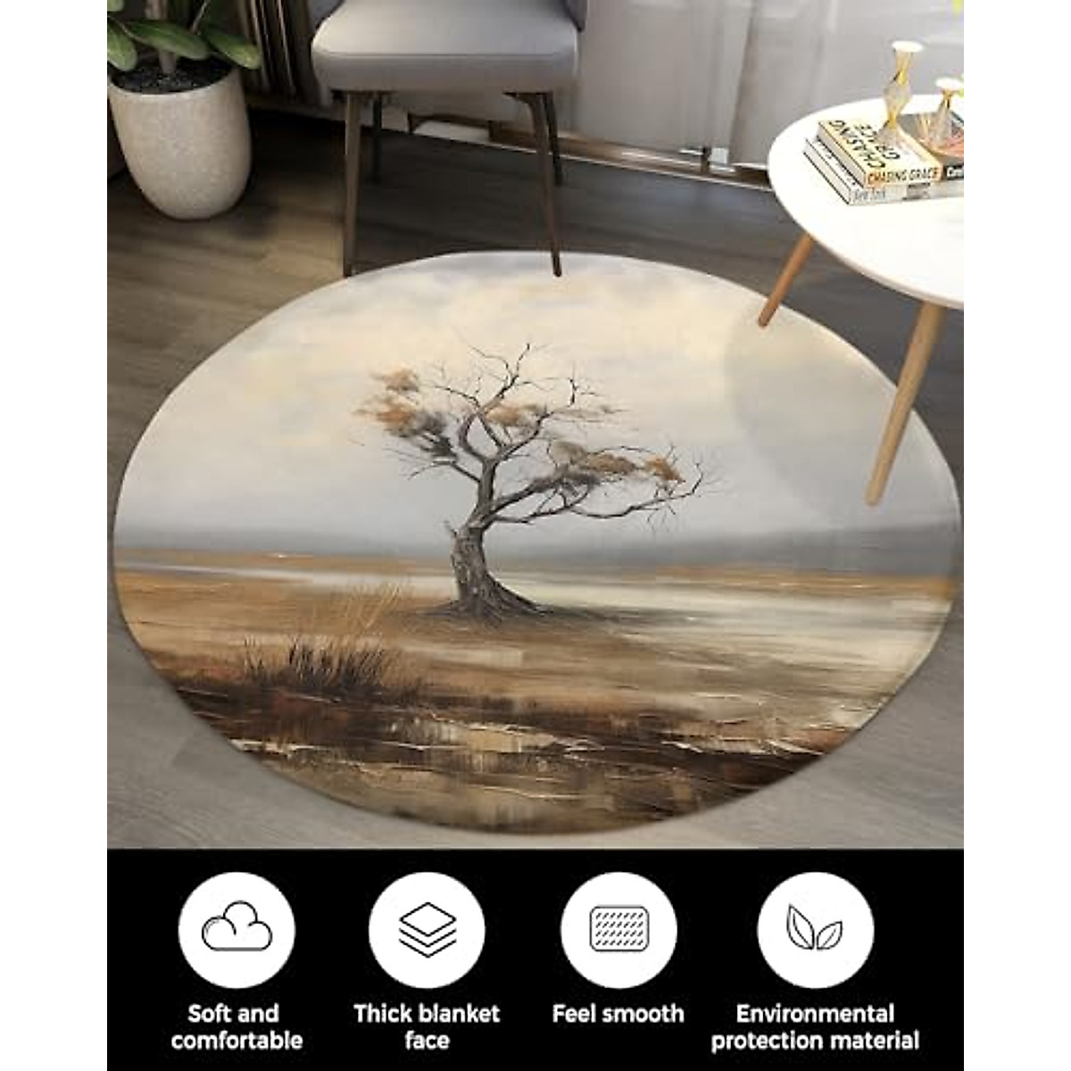 Tree Branches Fluffy Round Area Rug Carpets 4ft, Plush Shaggy Carpet Soft Circular Rugs, Non-Slip Fuzzy Accent Floor Mat for Living Room Bedroom Nursery Decor Wild Leaves Forest Abstract Painted Art